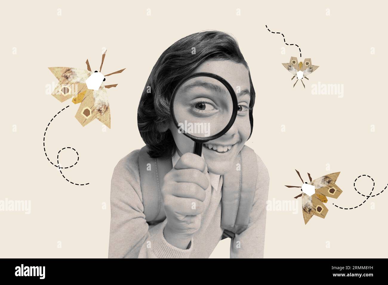 Creative abstract composite photo collage of curious schoolboy look at ...