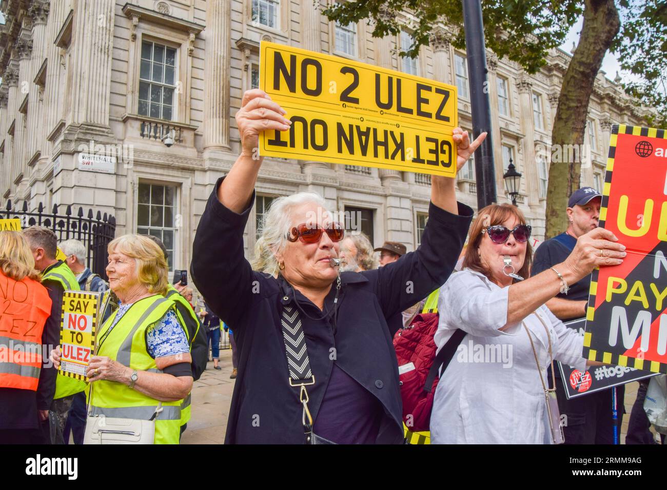London, UK. 29th August 2023. Anti-ULEZ protesters gather outside ...