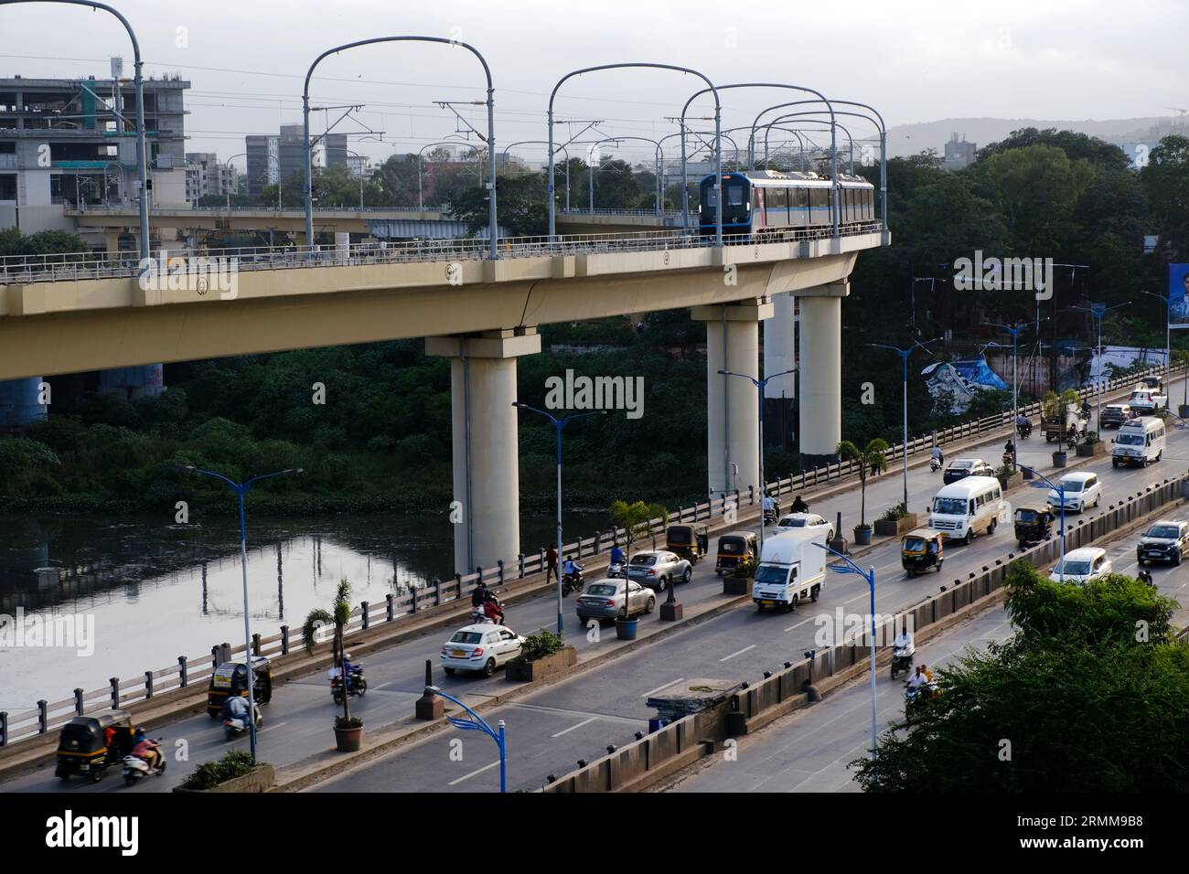 10 August 2023, Pune, Maharashtra, India, Metro runs on an overhead ...