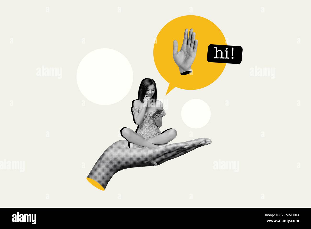 Illustration collage of young cute girl text send message greetings ...
