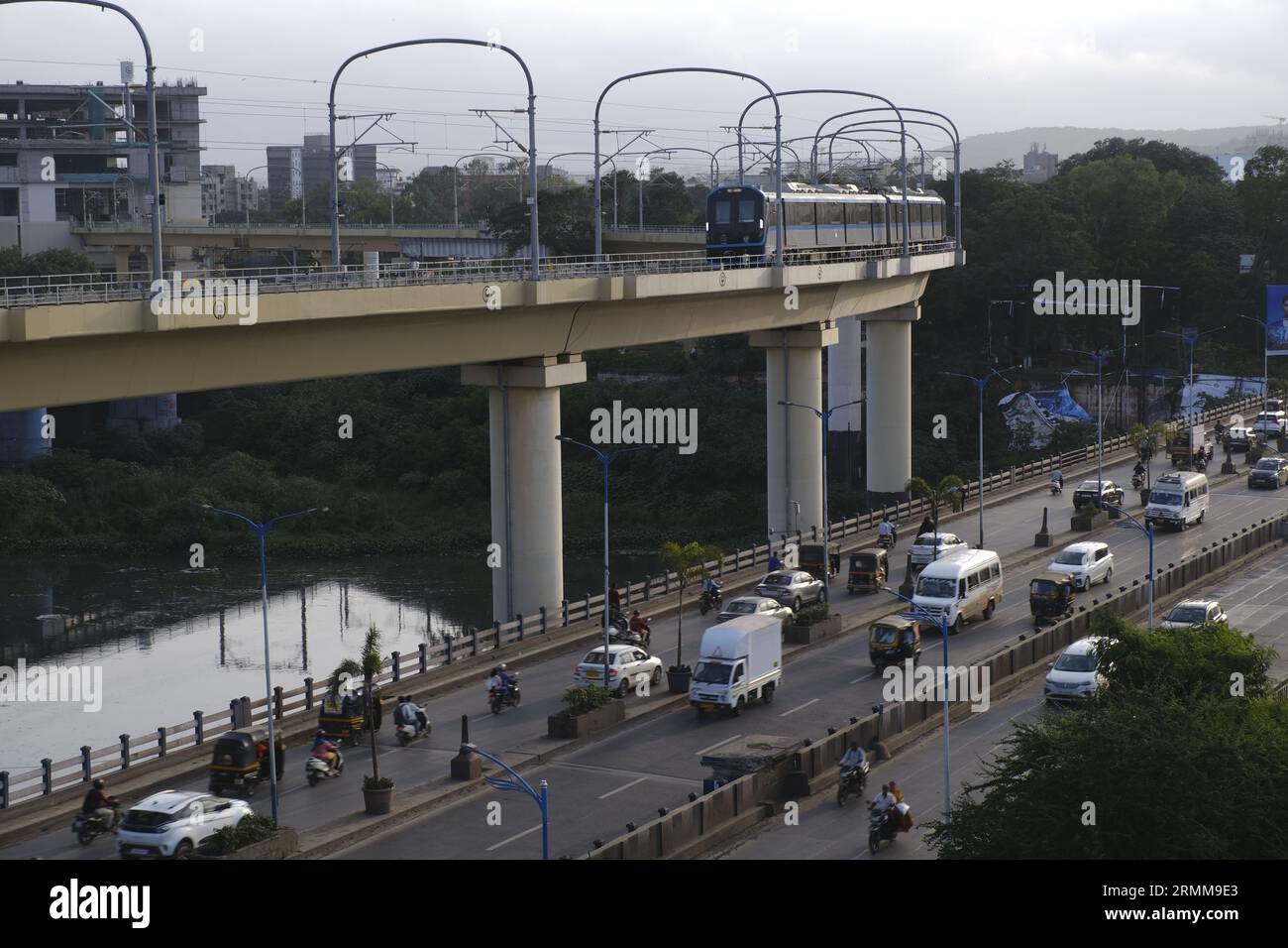 10 August 2023, Pune, Maharashtra, India, Metro runs on an overhead ...