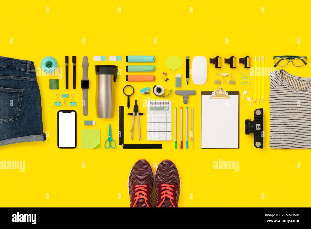 Stationary, school supplies flat lay with smartphone mockup. Back to ...