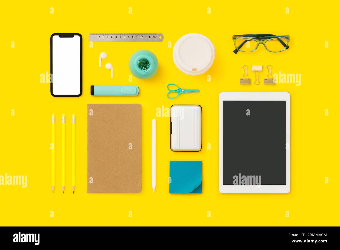 Things on my desk flat lay with mobile devices mockup. Back to school ...