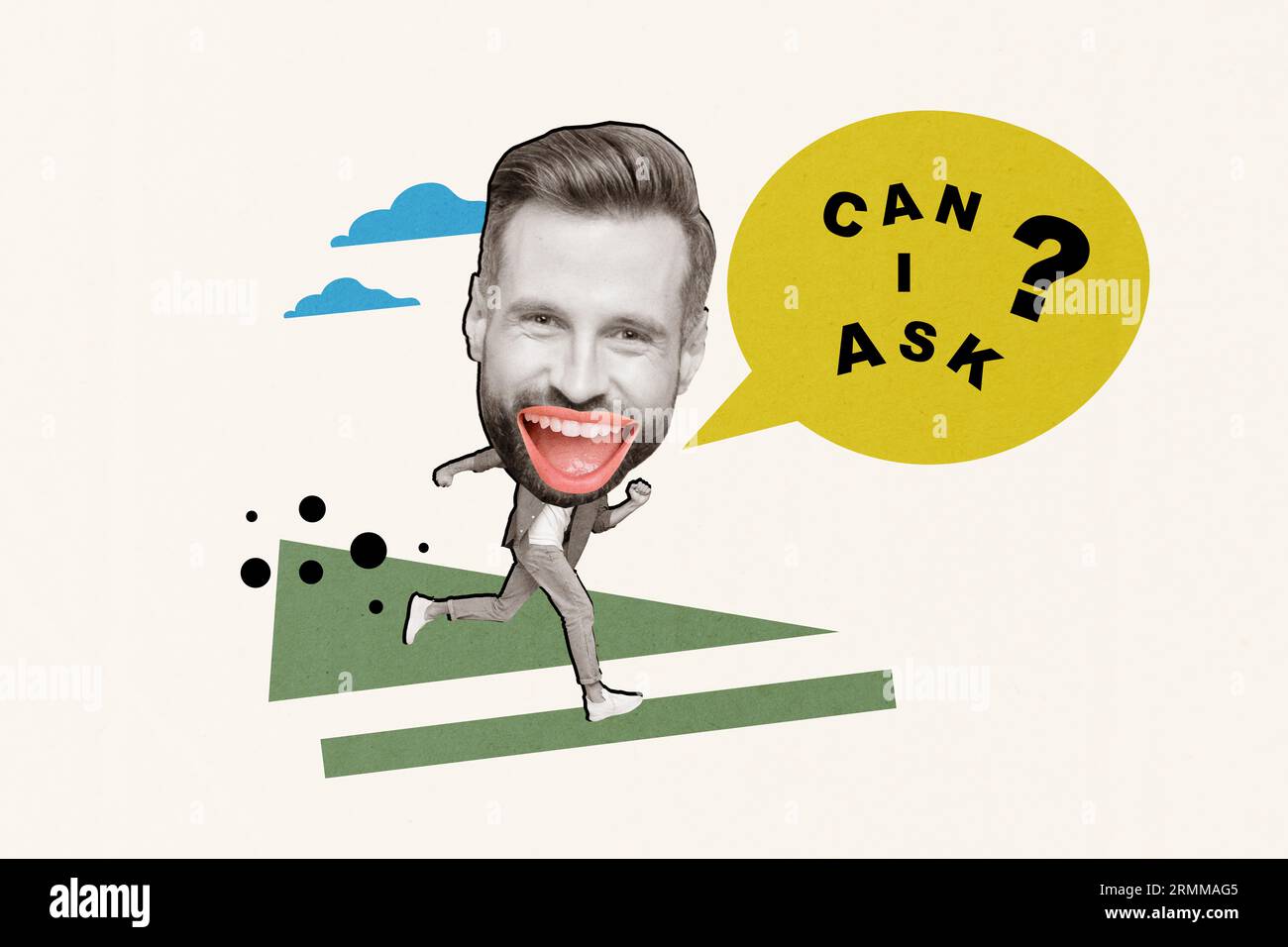 Photo collage of comics character huge absurd head guy running can i ...