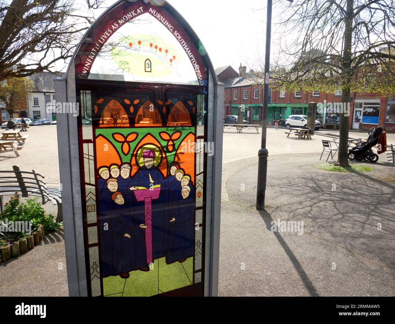 Glass panel depicting St Boniface as a monk, Town Square, Crediton ...
