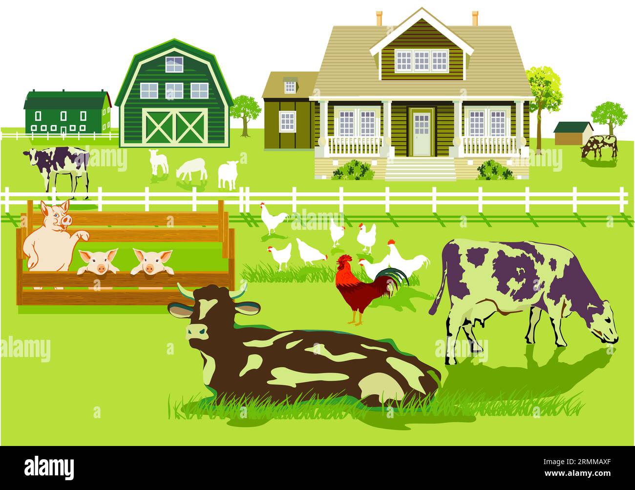 Farm animals on pasture with farmhouse, illustration Stock Photo - Alamy