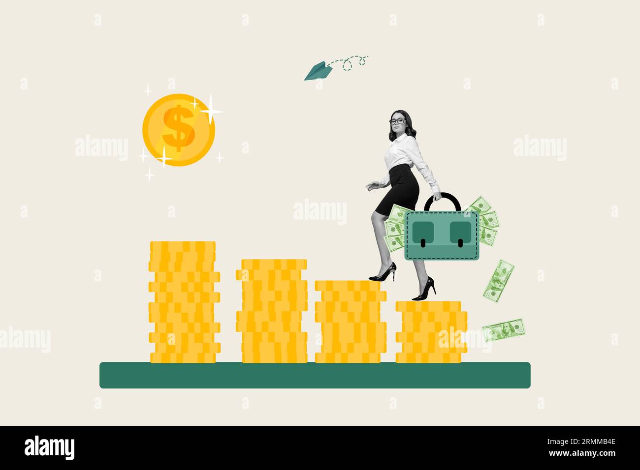 Illustration image collage of successful woman climbing ladder career ...