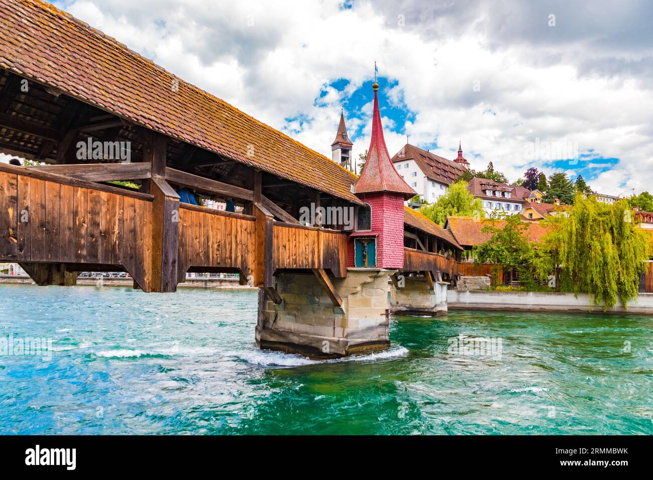 Lovely view of the south wing of Lucerne's famous Spreuer Bridge with ...