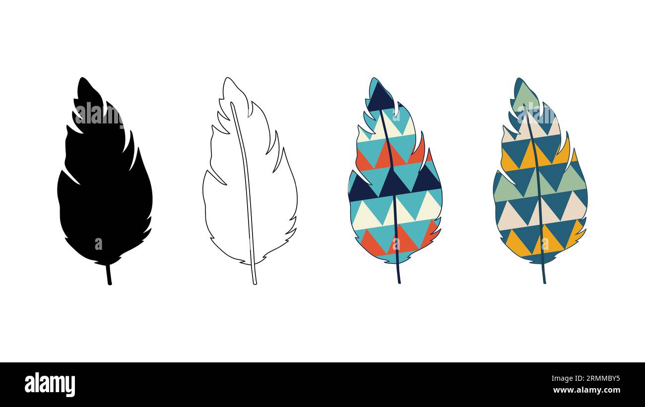 Colored ethnic feathers of Indians. Bird painted feathers. Contour ...