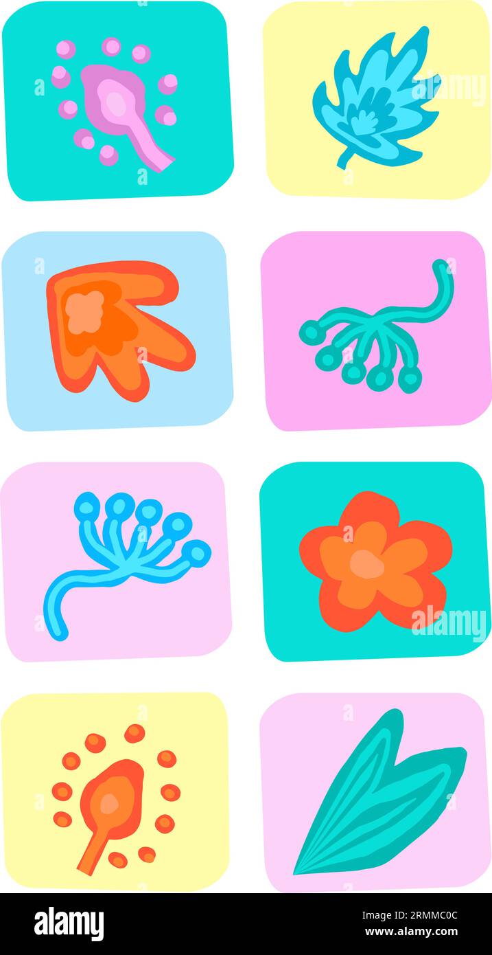 Floral botanical abstract set. Stickers. Colored flowers, leaves, buds ...