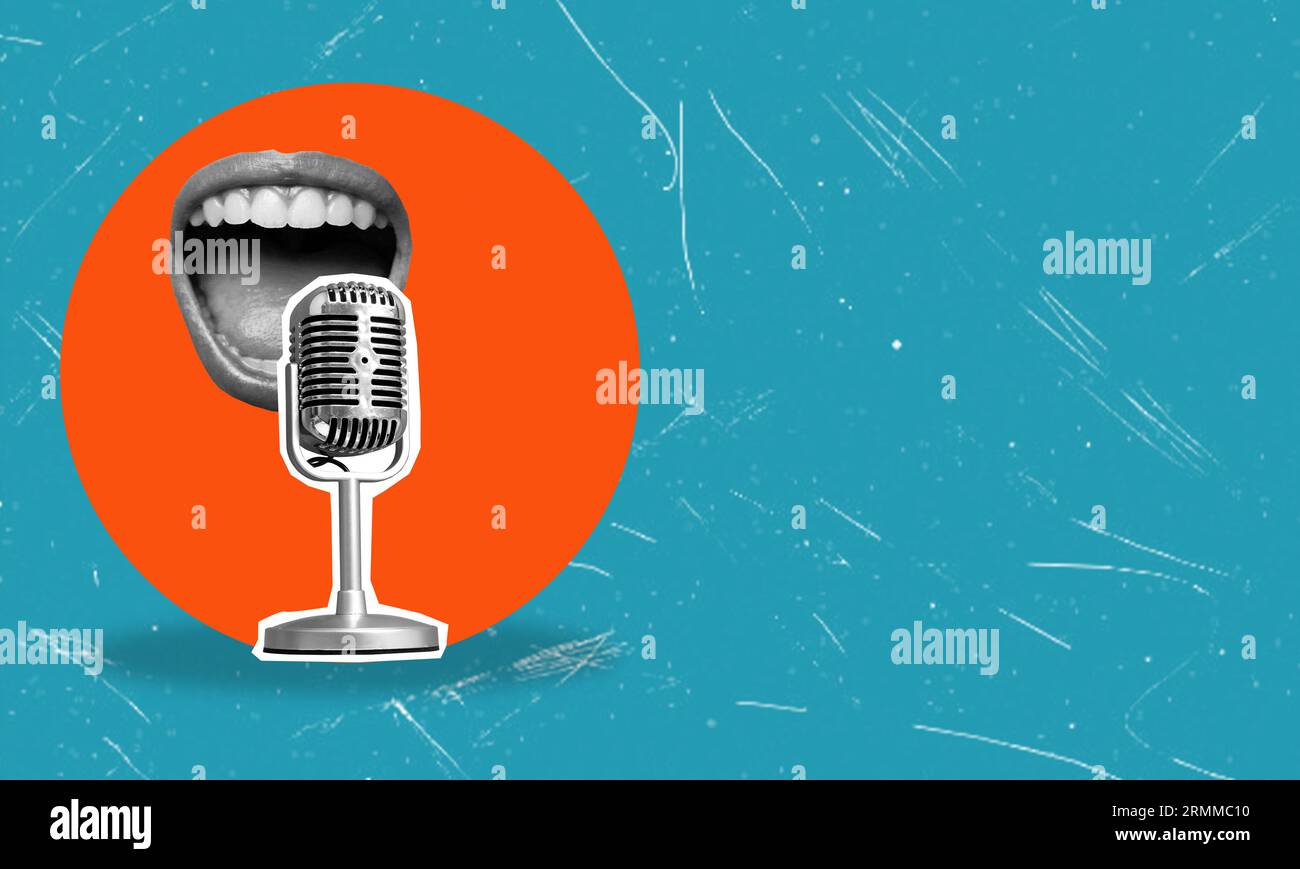 Expressive female singing into the microphone. Concert performance ...