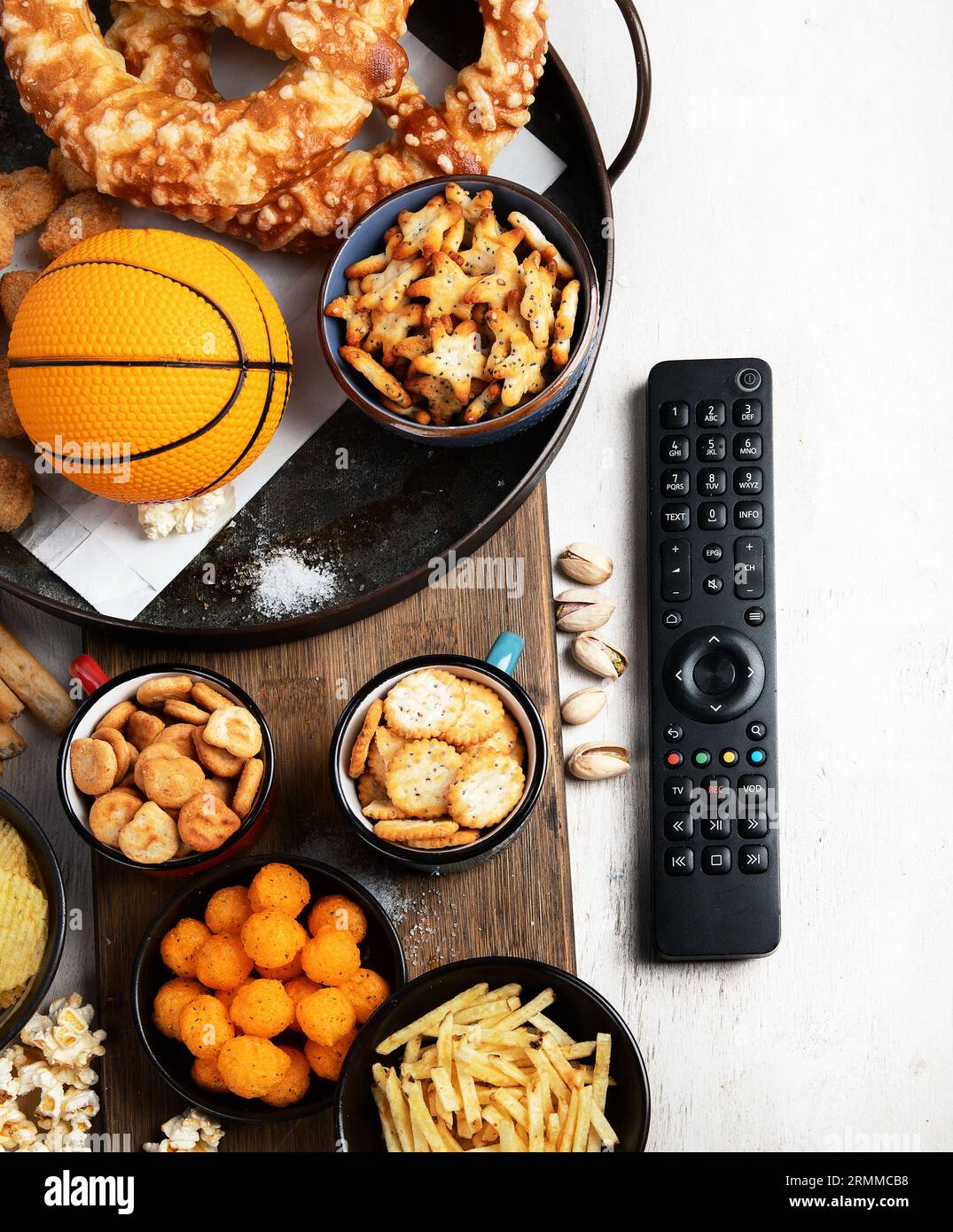 Set of various basketball fans and stadium snacks, chips, sauces on a ...