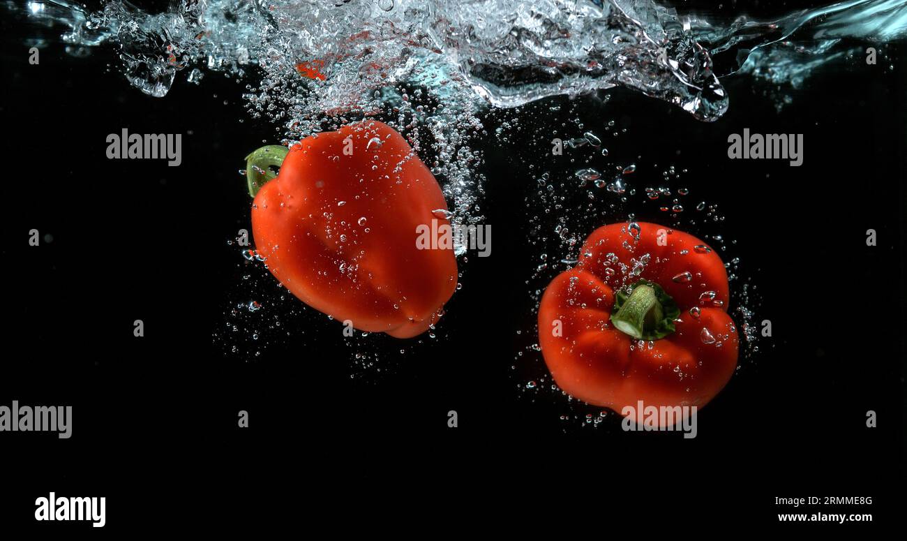 Red Sweet Pepper, capsicum annuum, Vegetable falling into Water against ...