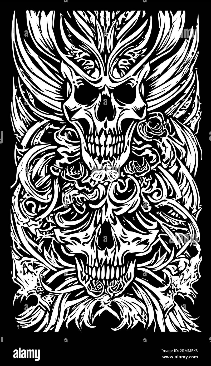Scary Halloween engraving illustration background of tribal skulls ...