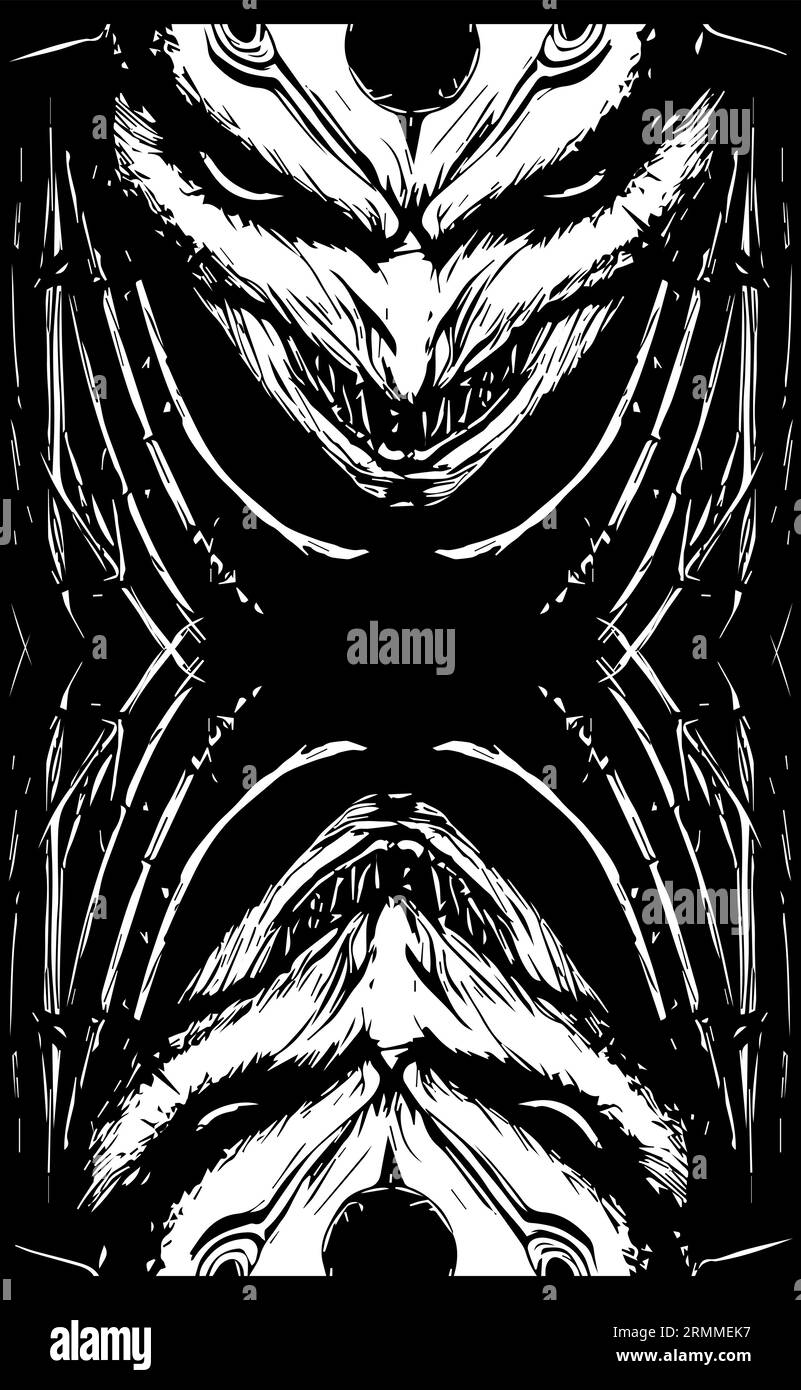 Engraving symmetrical illustration of the face of a terrifying ...