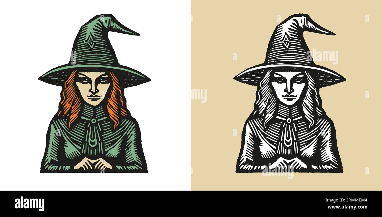 Emblem engraving woodcut or linocut illustration of witch head with hat ...
