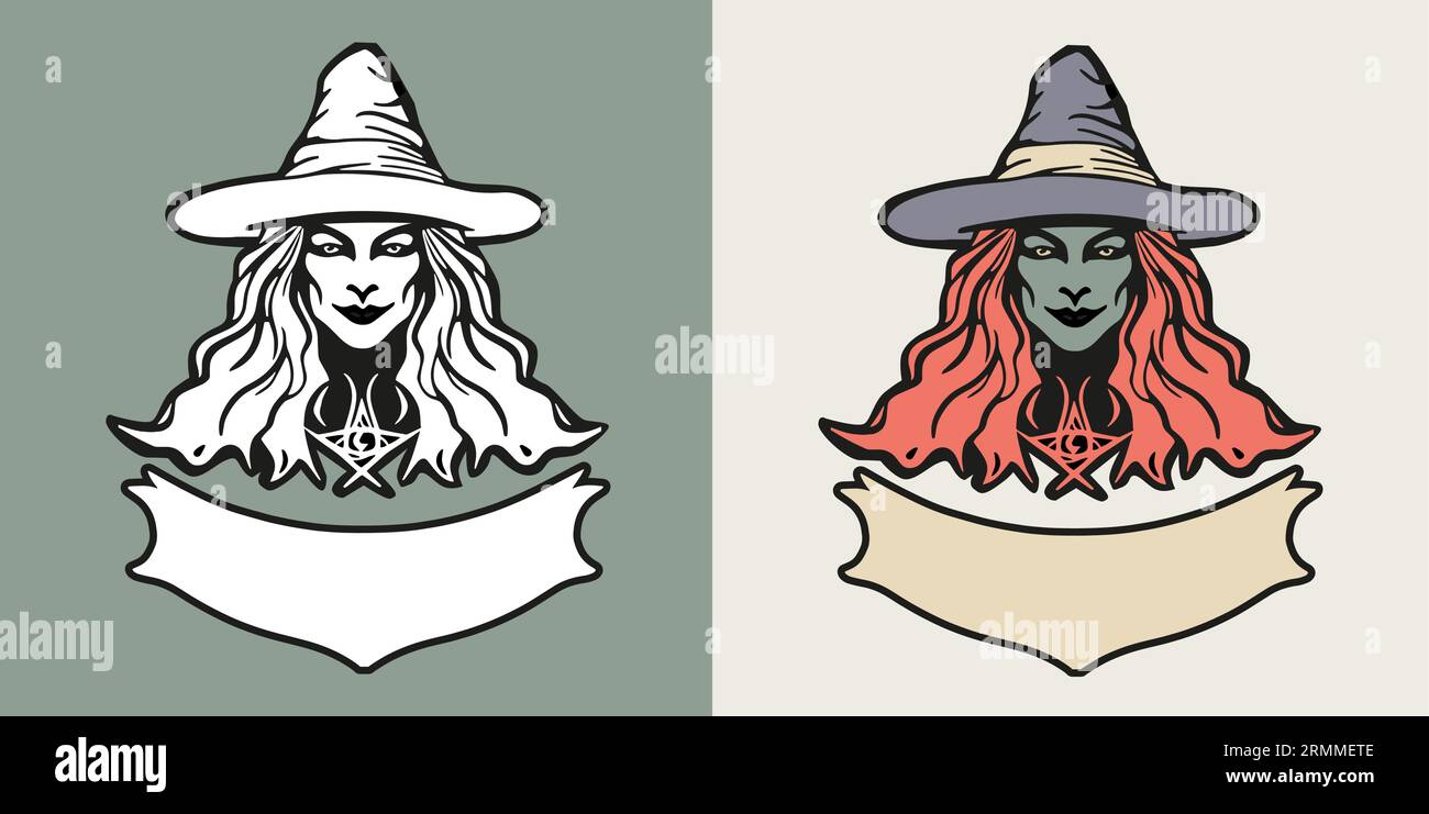 Emblem illustration of witch head with hat and tribal symbols and blank ...