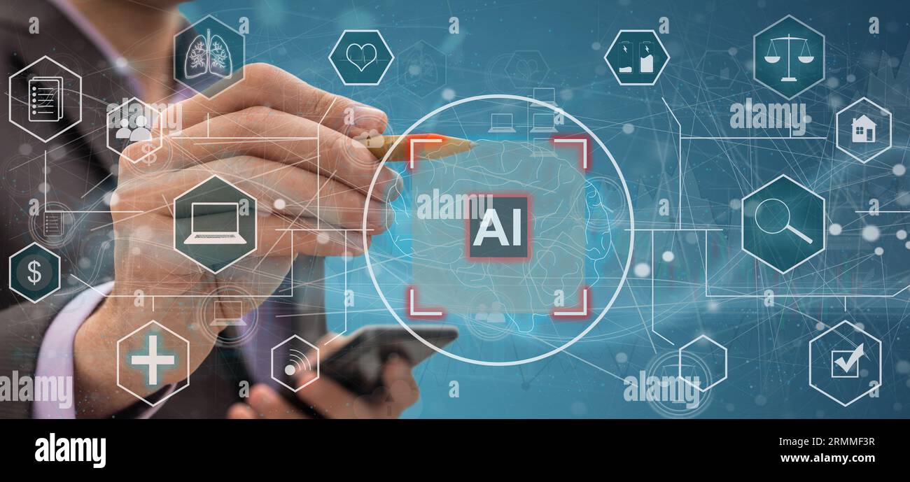 Ai Icon on hand represents the machine learning control. Virtual icons ...