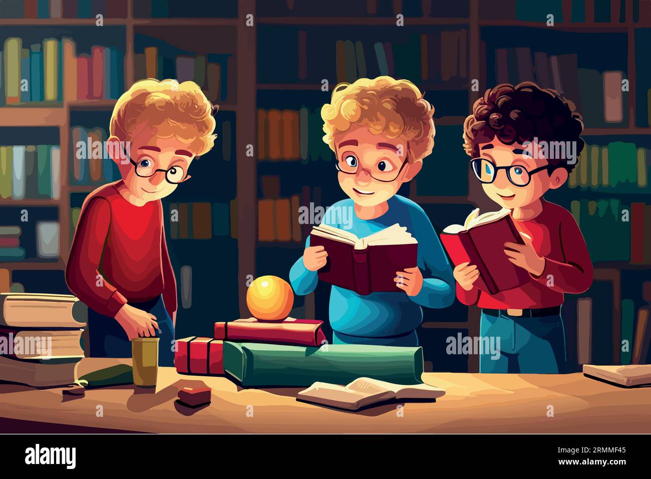 Cartoon School Children Reading