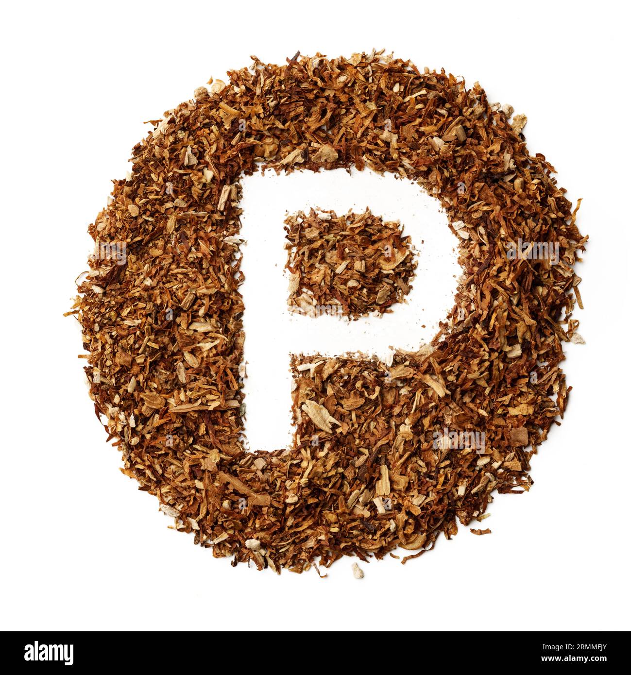 Letter P made of cigarettes dried smoking tobacco on white background ...