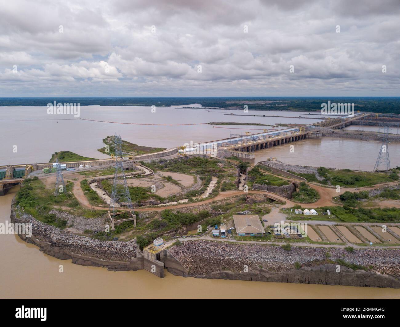 Beautiful drone aerial view of dam on Madeira River, Santo Antônio ...