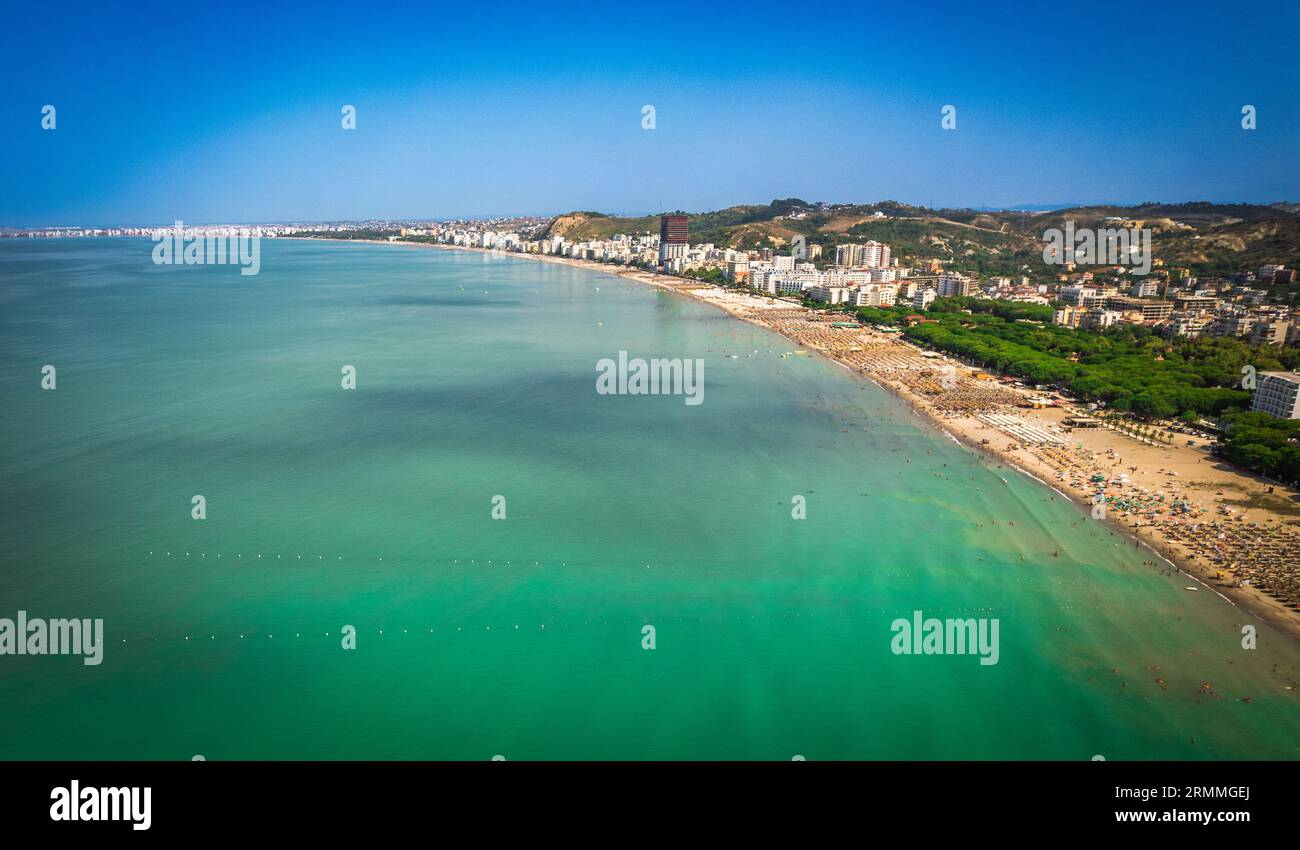 Golem, Durres, Albania - 22 august 2023: Aerial view to sandy beach ...