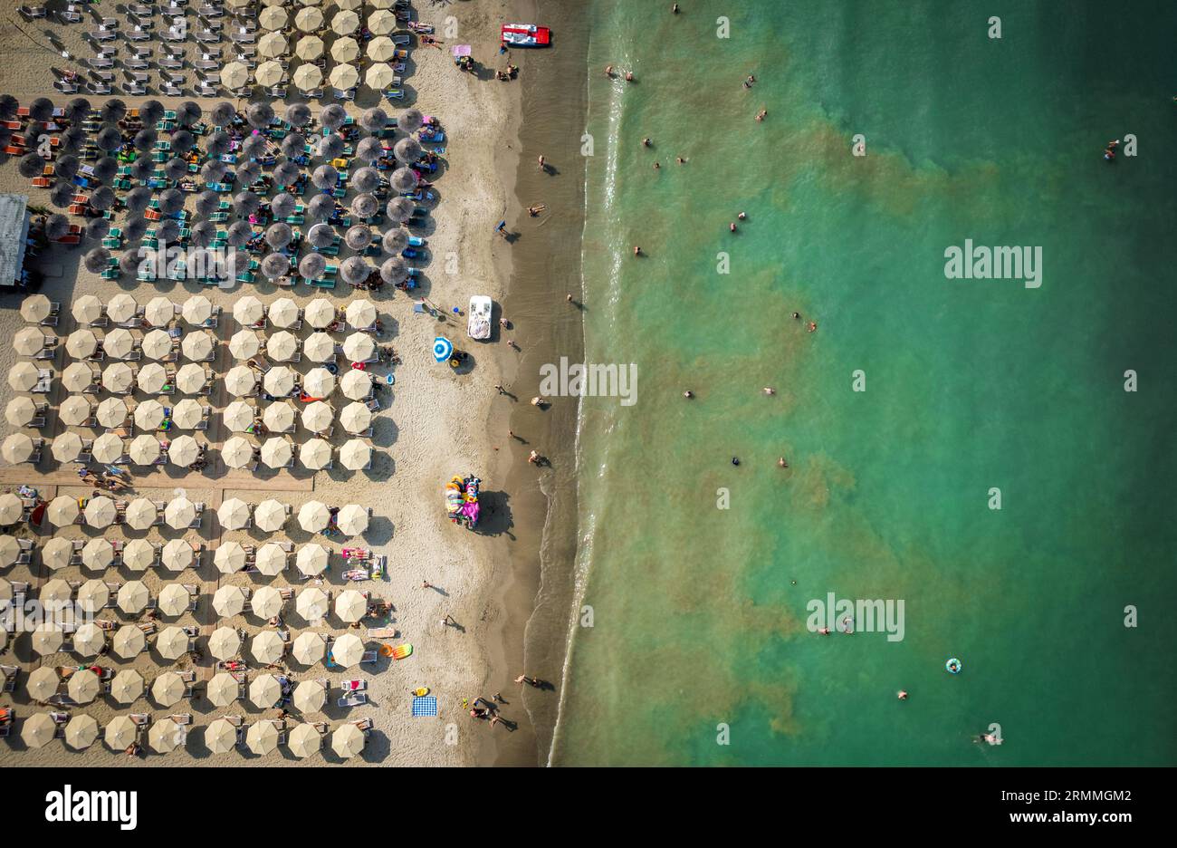 Golem, Durres, Albania - 22 august 2023: Aerial view to sandy beach ...