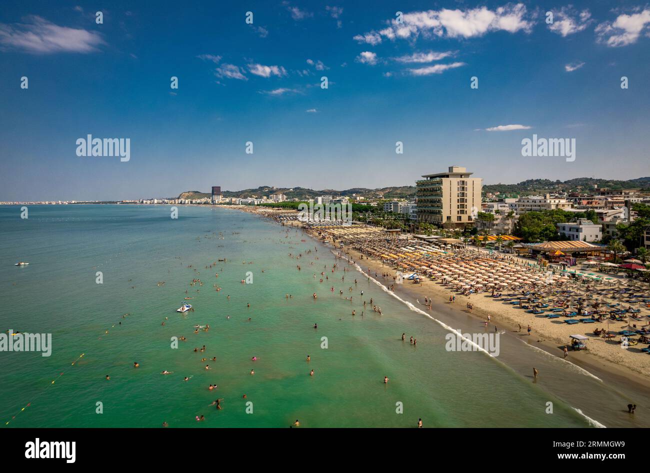 Golem, Durres, Albania - 22 august 2023: Aerial view to sandy beach ...