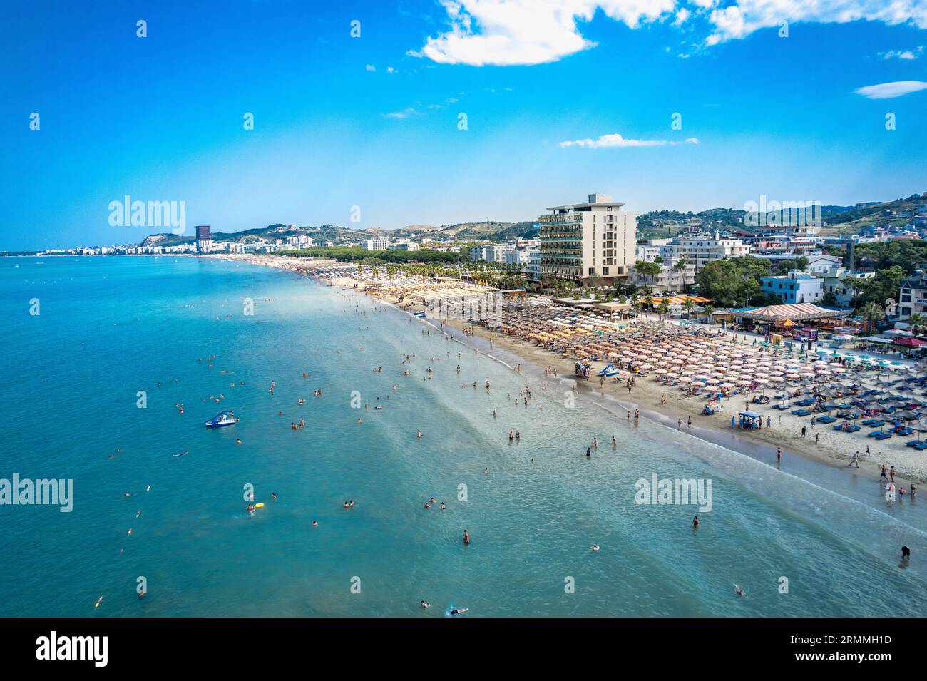 Golem, Durres, Albania - 22 august 2023: Aerial view to sandy beach ...