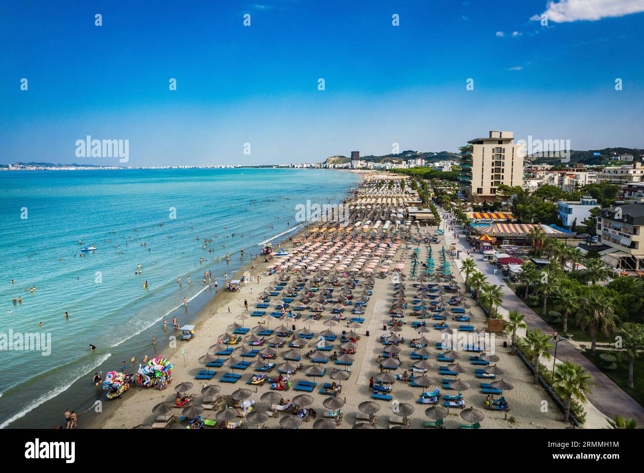 Golem, Durres, Albania - 22 august 2023: Aerial view to sandy beach ...