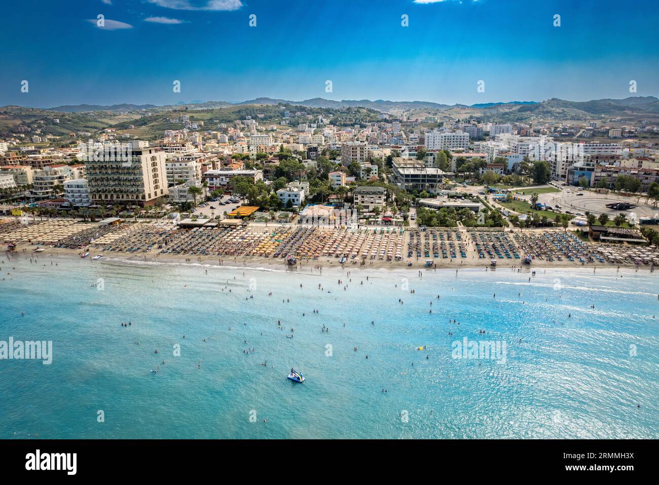Golem, Durres, Albania - 22 august 2023: Aerial view to sandy beach ...