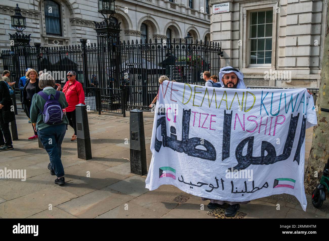 London, UK. 29th Aug, 2023. A small protest demanding Kuwaiti ...