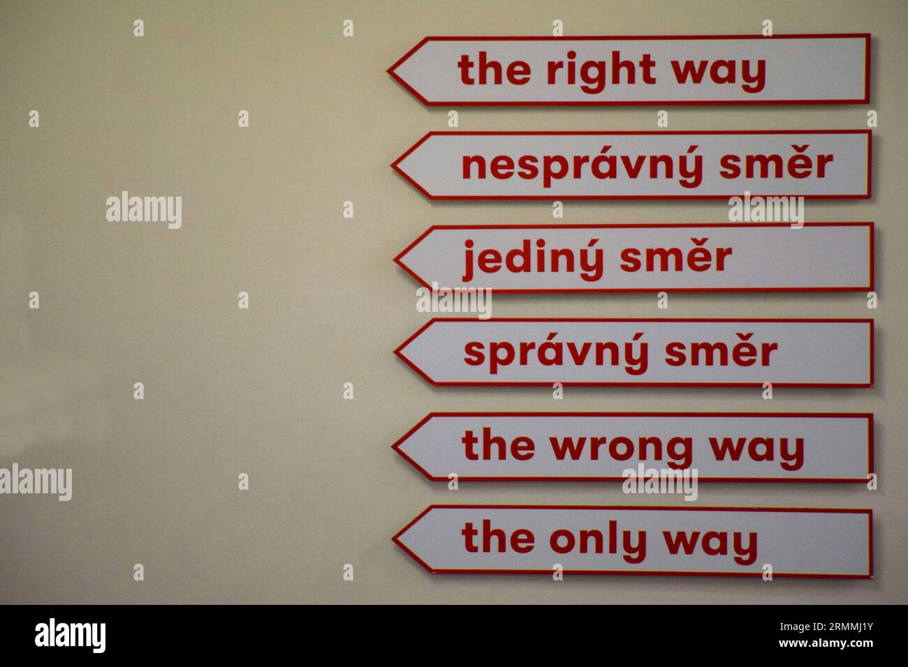 Signs with divers texts like 'The wrong way', 'The right way' and 'The ...