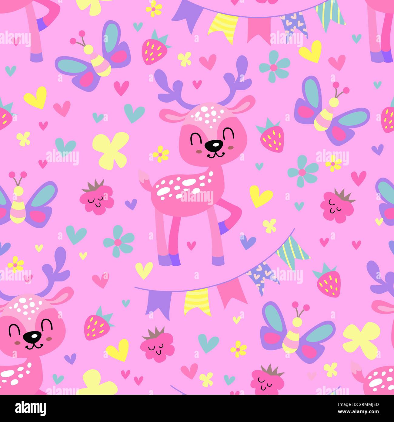 Cute pattern with animals. Baby deer, butterfly and flowers cartoon ...