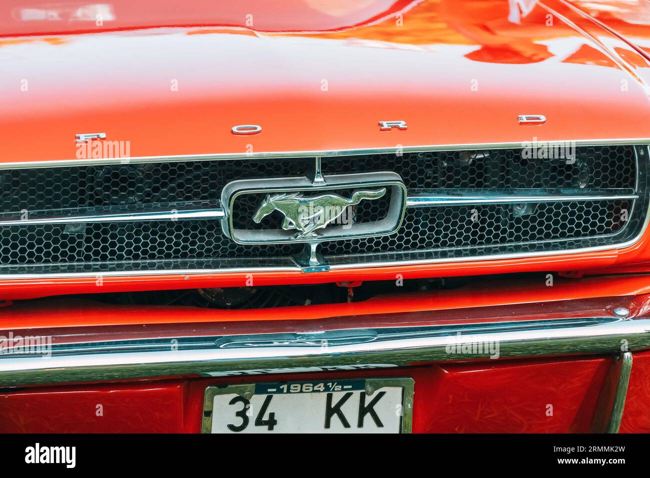01 July 2023, Antalya, Turkey: antique red Mustang, an iconic Ford ...