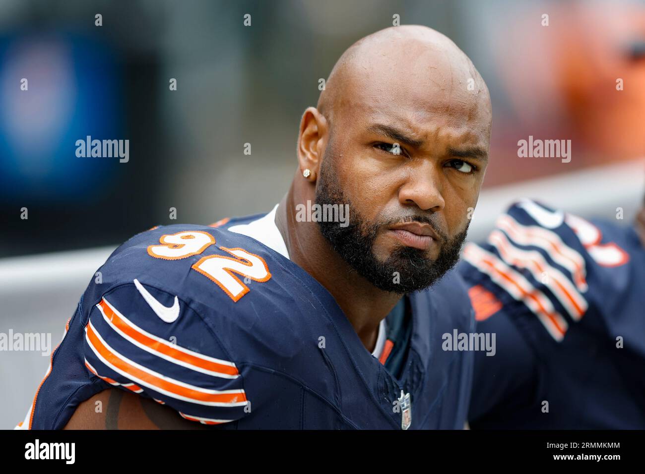 Chicago Bears defensive tackle Andrew Brown (92) looks on from the ...