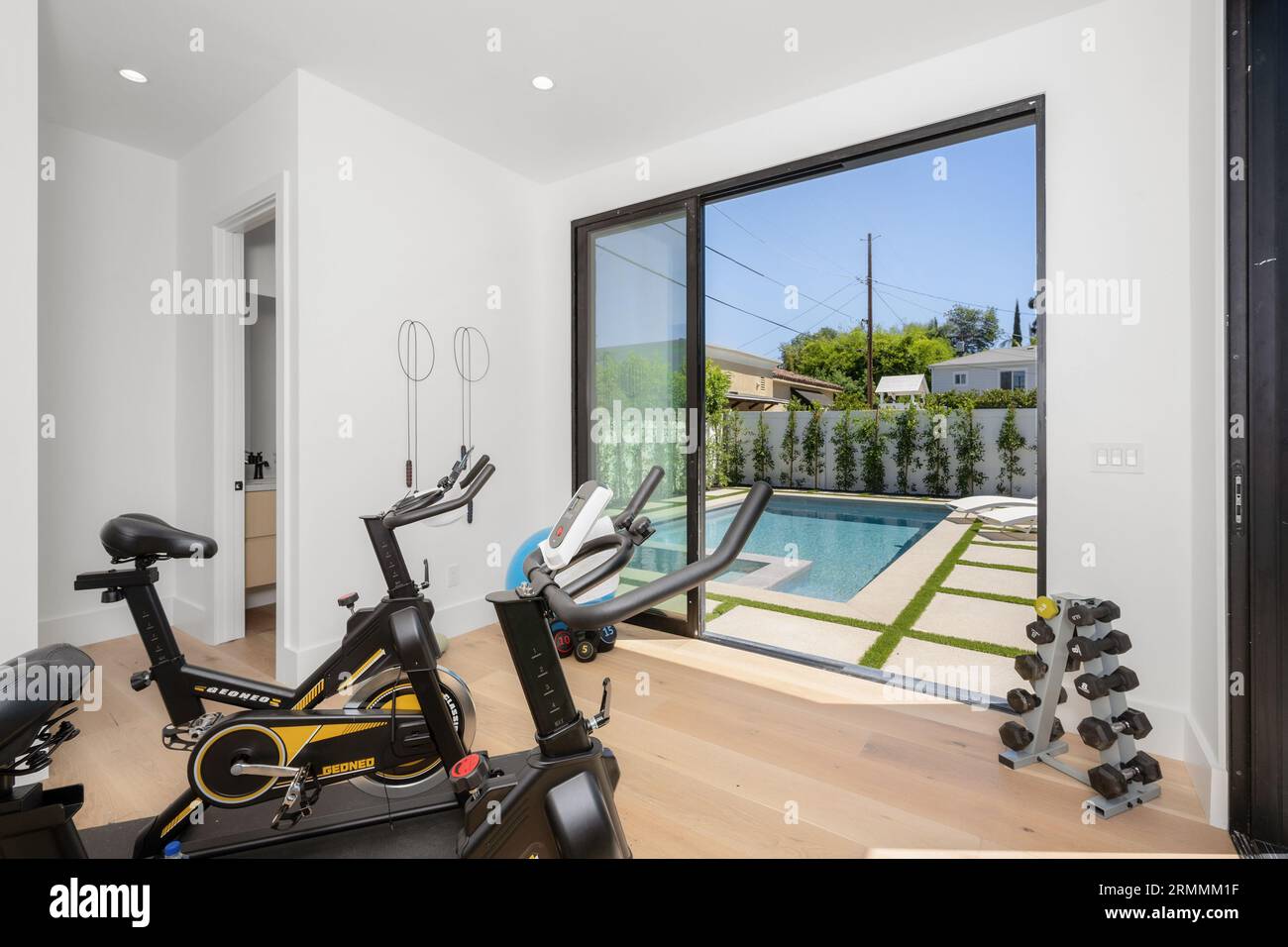 An interior view of a modern home gym featuring a variety of exercise ...