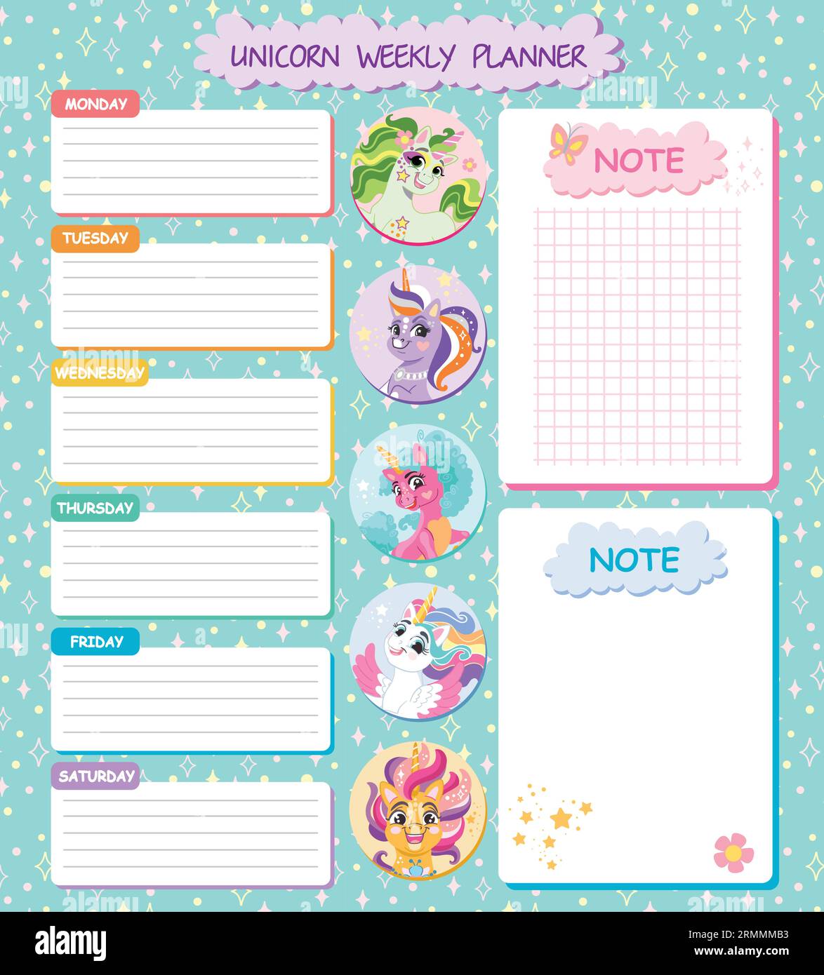 Weekly planner with cute happy unicorns. Kids schedule of classes ...