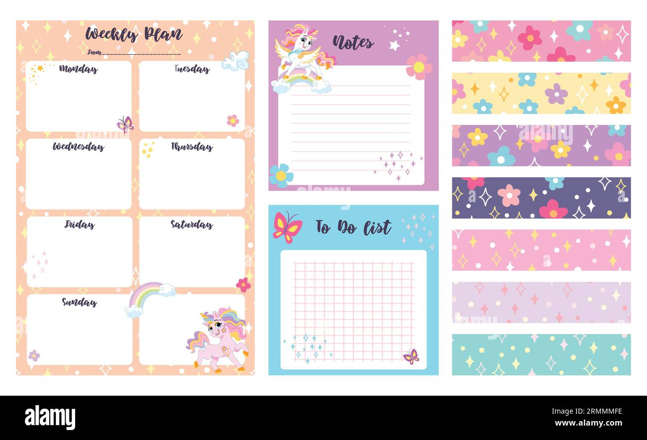 Weekly planner with cute happy unicorns. Kids schedule of classes ...