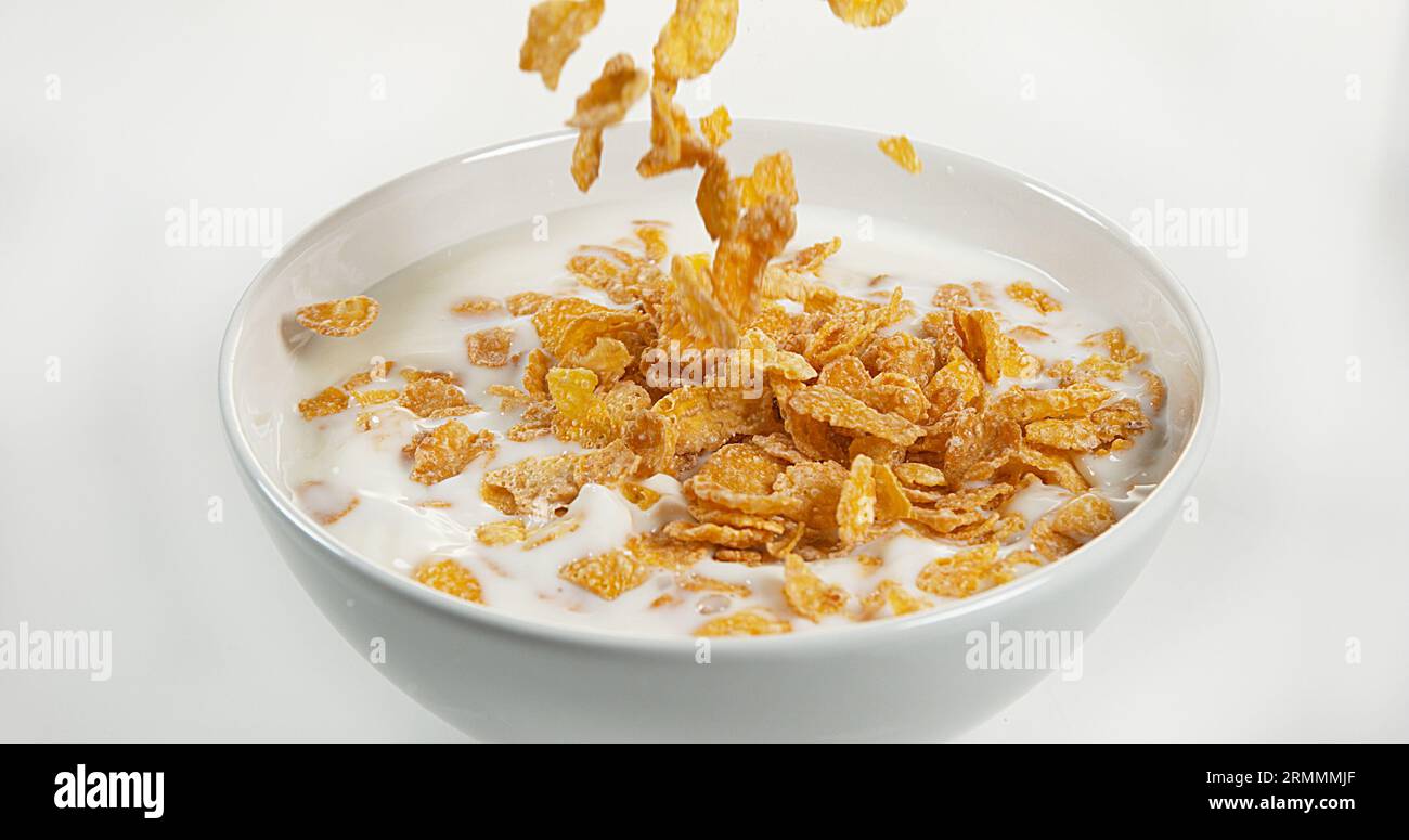 Cereals falling into a Milk Bowl against white background Stock Photo ...