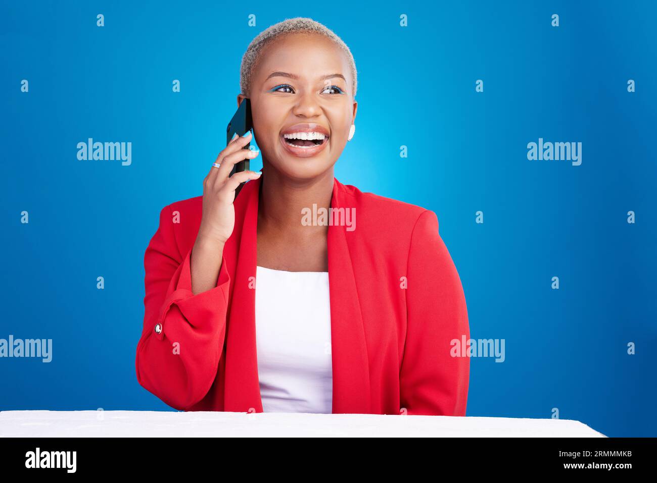 Phone call, laughing and a woman in studio for communication, contact ...