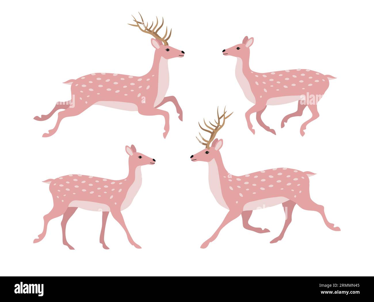 Vector set of flat hand drawn pink deer isolated on white background ...