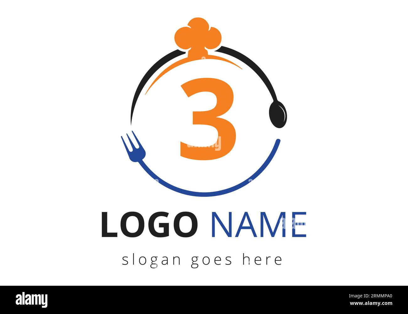 Letter 3 Logo With Chef Hat, Spoon And Fork For Restaurant Logo. Modern ...