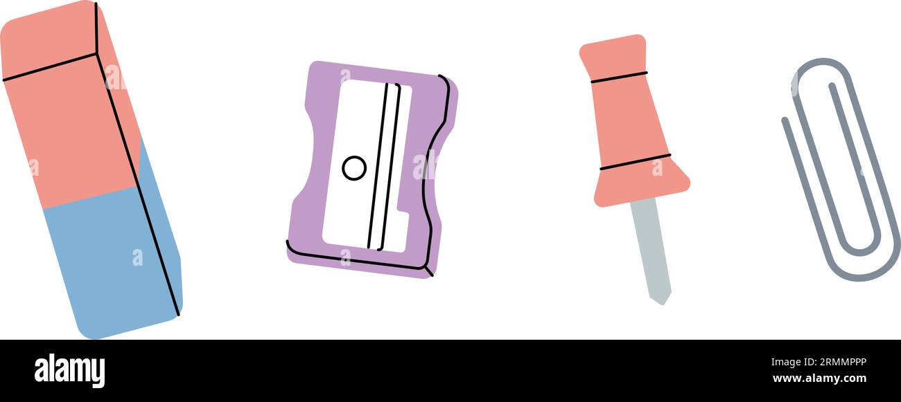 School supplies. Pencil sharpener, push pins, thumbtack, paper clip ...