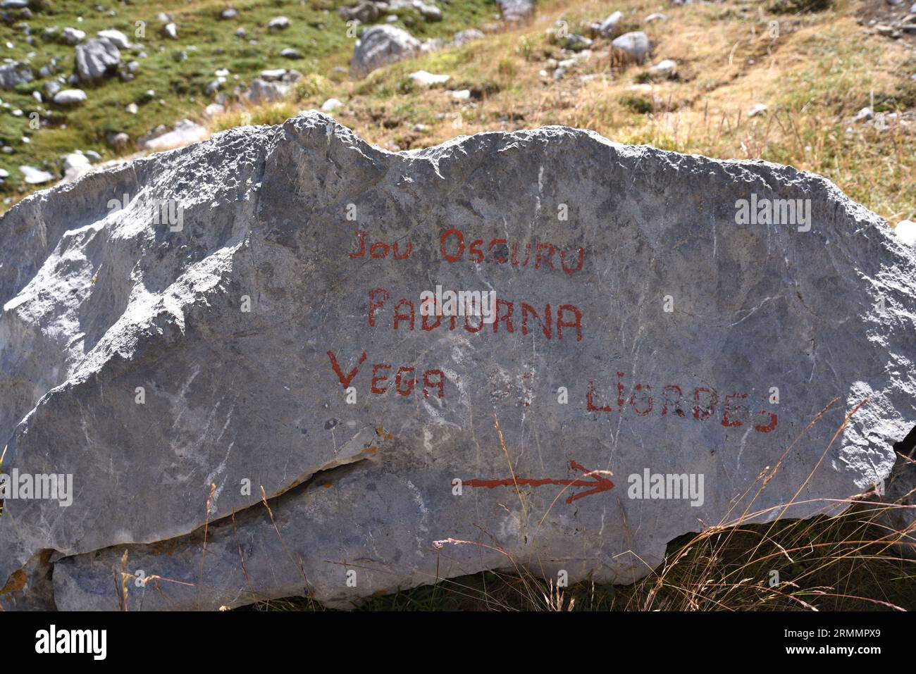 Rock signpost, Canal de San Luis, Picos de Europa, northern Spain ...