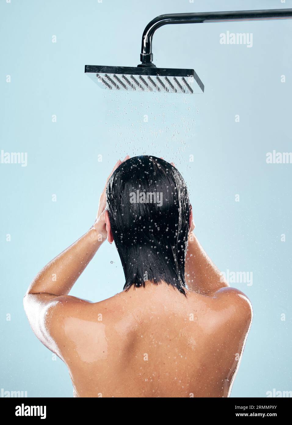 Woman, shower and back in water drops for hygiene, grooming or washing ...
