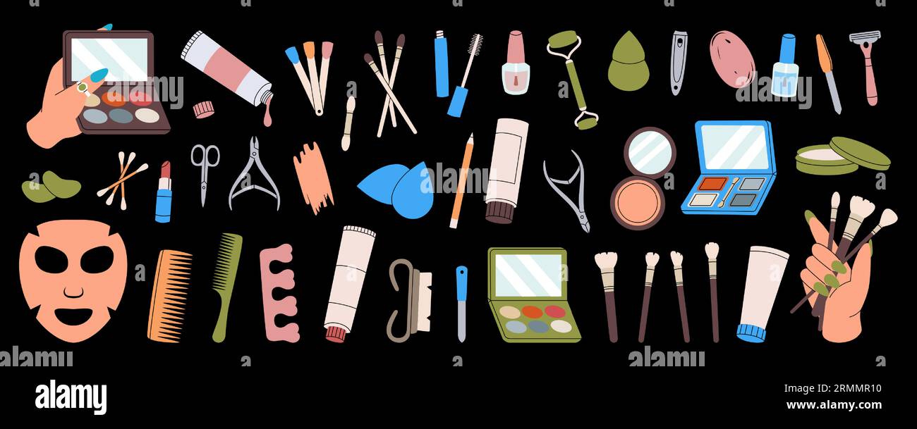 Cosmetics set. Face makeup tools. Makeup and beauty tools. Mascara ...