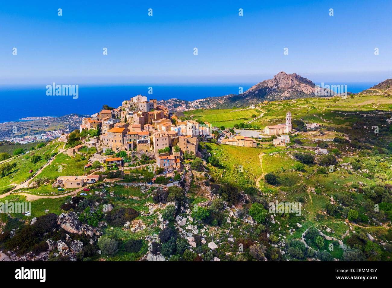 FRANCE. HAUTE-CORSE (2B) BALAGNE. AERIAL VIEW OF THE VILLAGE OF SANT ...