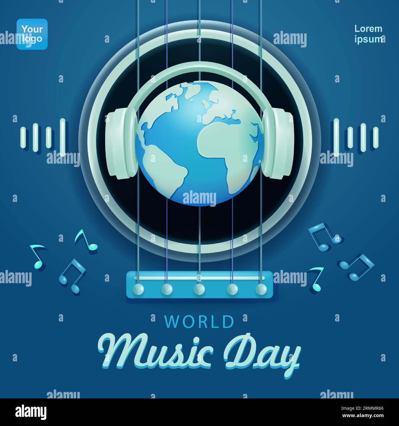 World Music Day. Miniature earth using headphones with guitar ...