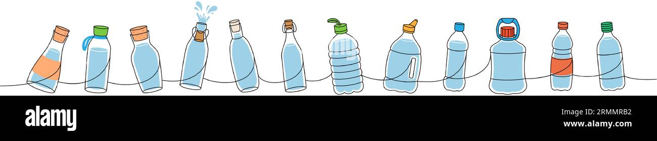Bottles one line colored continuous drawing. Empty glass and plastic ...